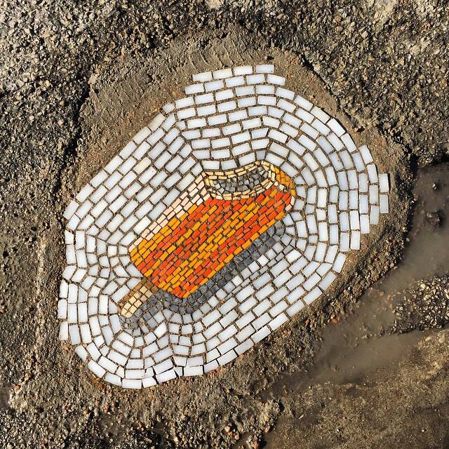 Chicago Guerrilla Artist Jim Bachor Fills Potholes With Whimsical Mosaics