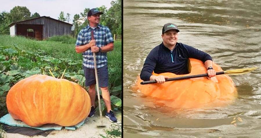 Watch This Farmer Paddle A 910-Pound 'Pumpkin Boat' On The Water