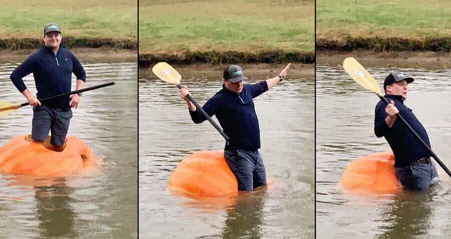Watch This Farmer Paddle A 910-Pound 'Pumpkin Boat' On The Water
